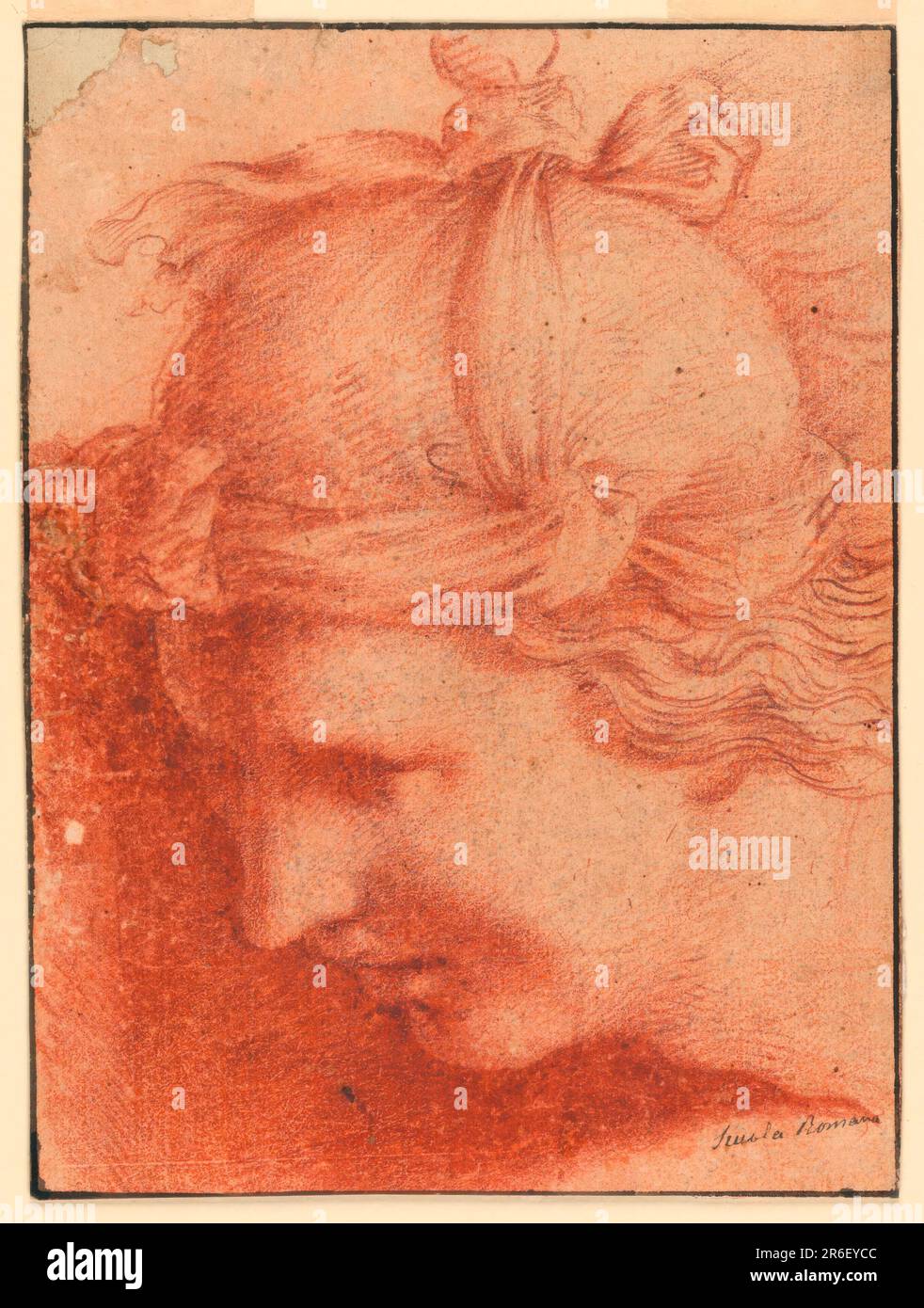 Wearing a bonnet. Shown very obliquely, nearly in profile, turned ...