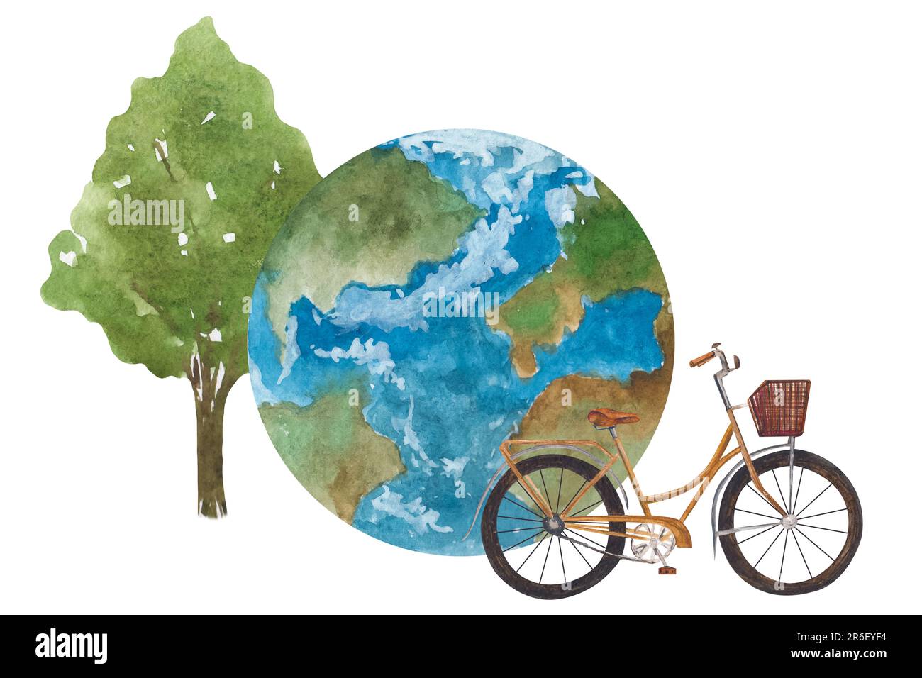 Watercolor illustration on the ecological theme. Planet earth, bicycle ...