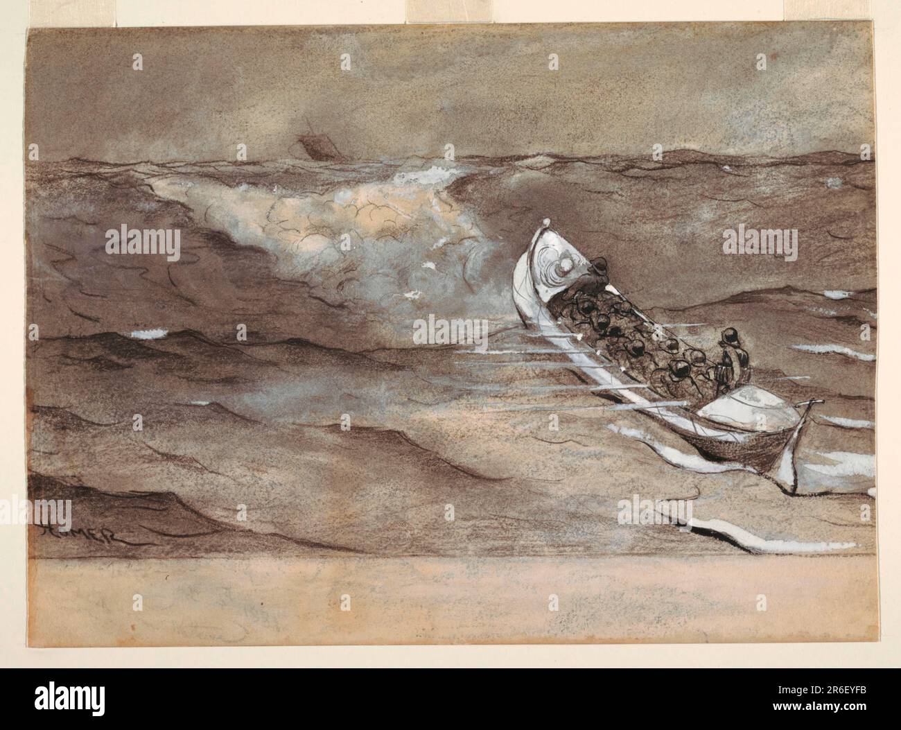 Group of figures rowing a boat in rough sea, toward ship on horizon at ...