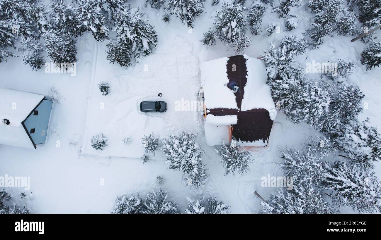 An aerial view of a two residential buildings in a forest covered in ...
