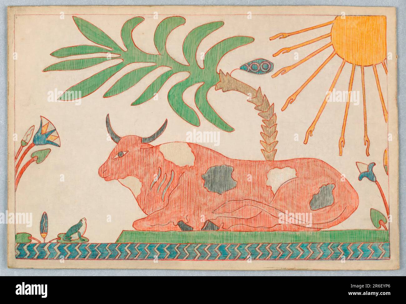 Ox lying down under a palm tree, in left profile. Frog, lower left ...