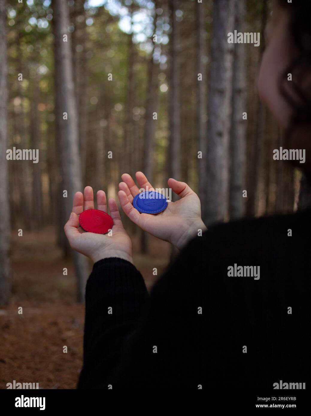 A young woman holding biomagnetism magnets in the forest. Concept of ...
