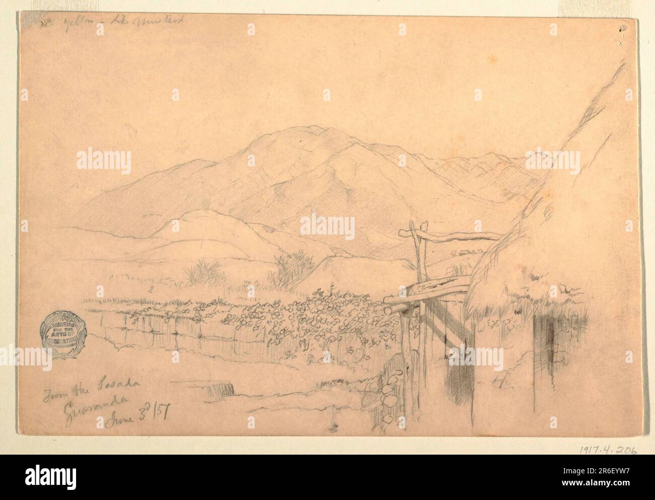 Horizontal study showing the corner of the inn at right; a low wall ...