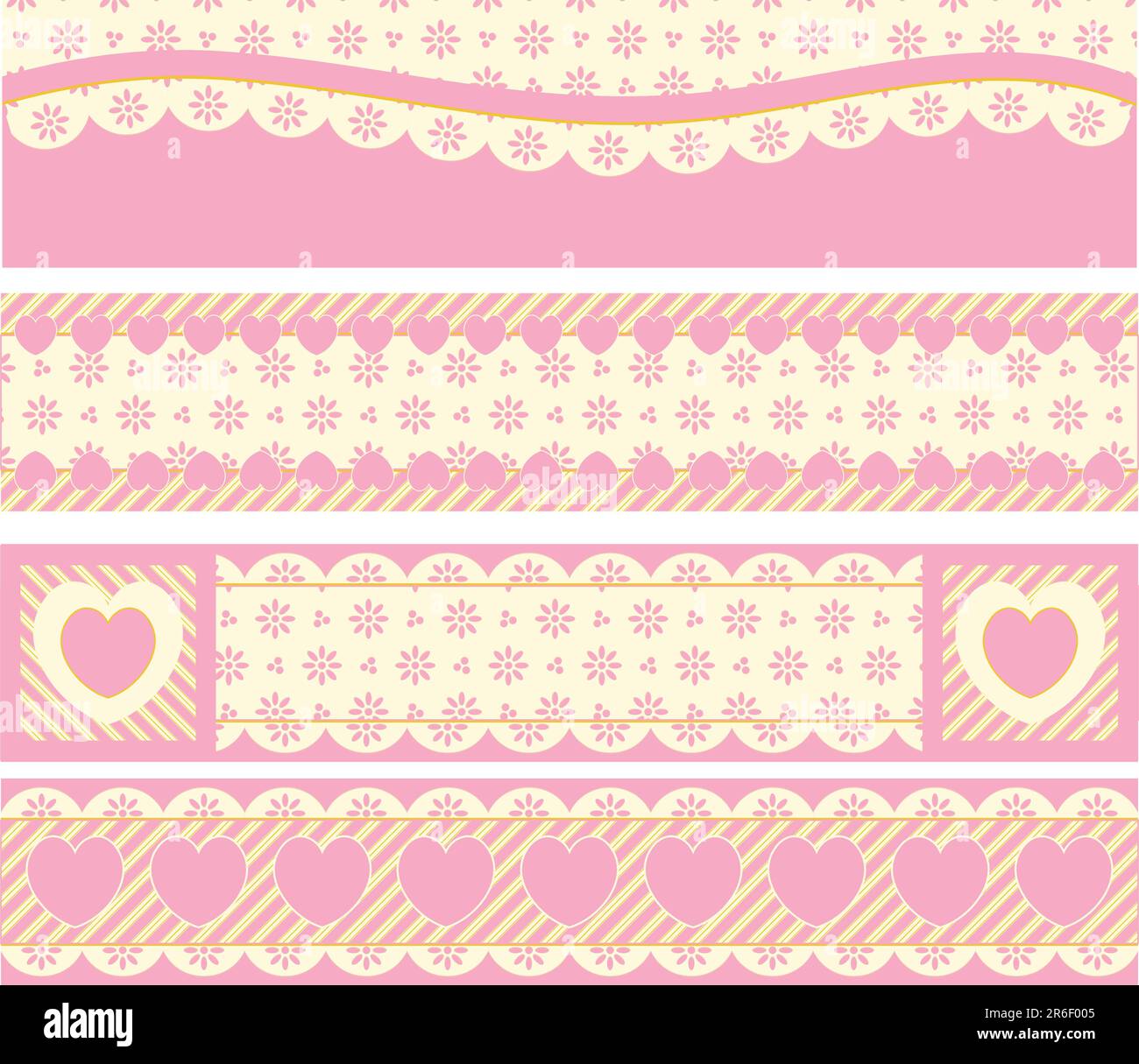 Four vector borders with Victorian eyelet hearts and stripes in pink ...