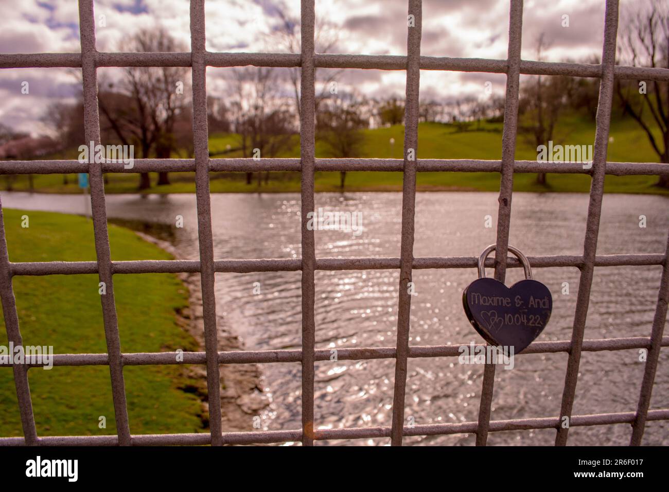 love chain on bridge, Olympiaturm, Olympiapark, Munich, Germany Stock ...