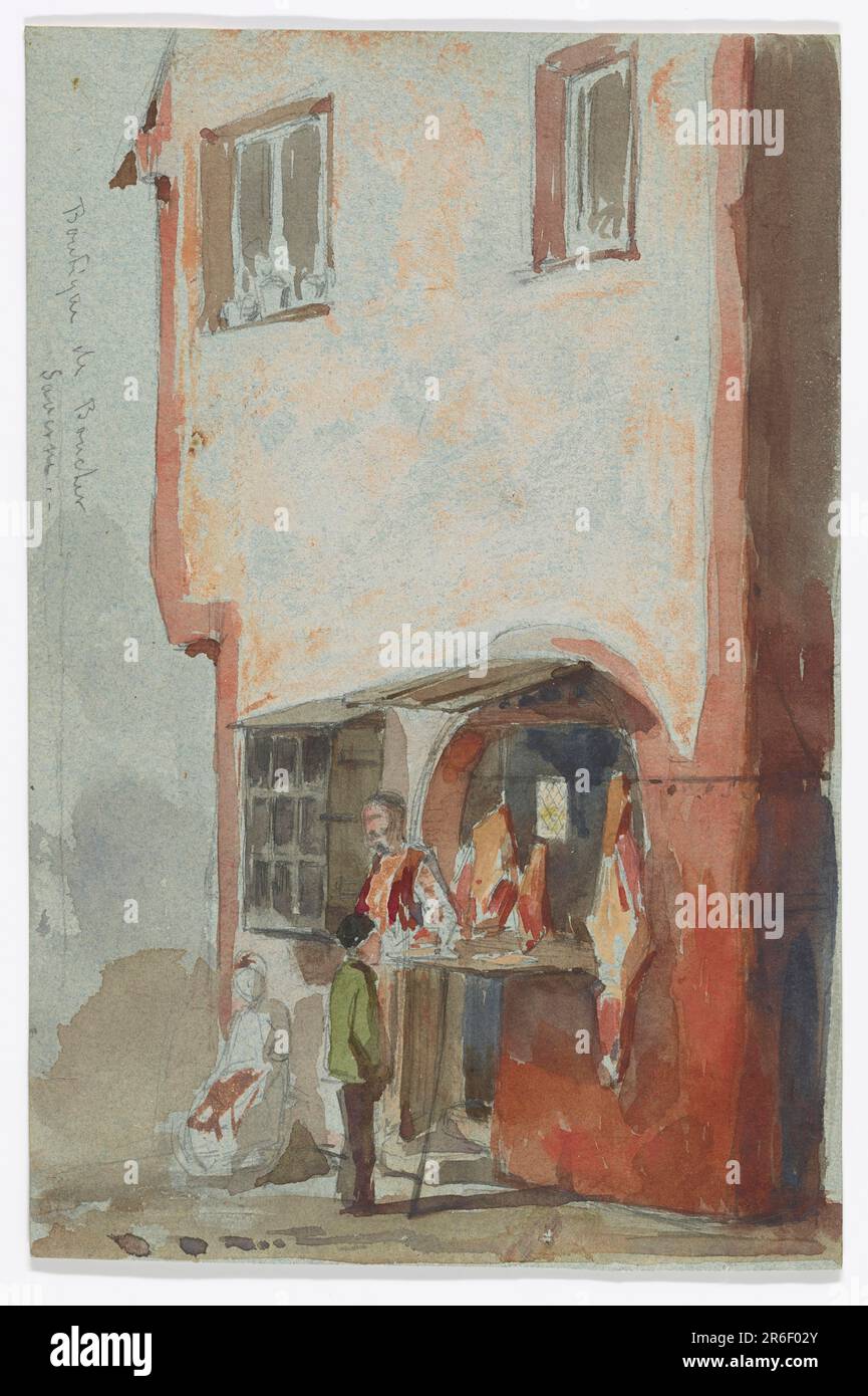Shopfront with three figures: a boy looking into the shop while the ...