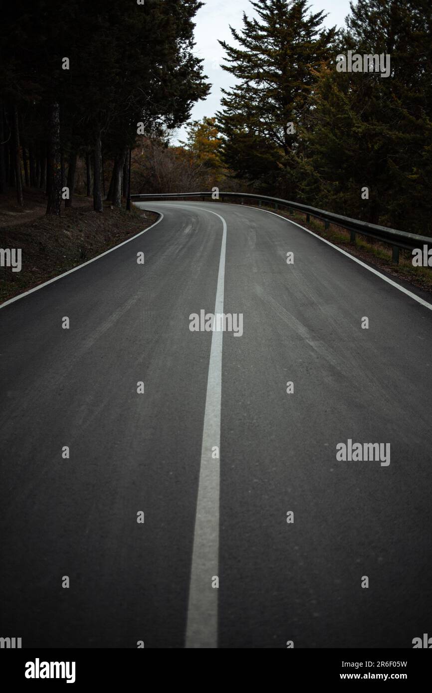 Empty road in the middle of the forest without cars on an autumn day ...