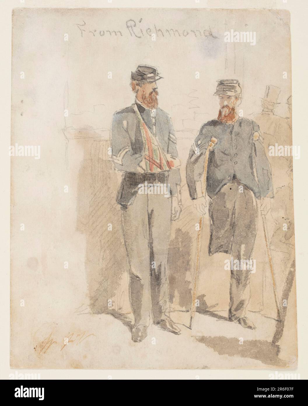 Two soldiers; one with right arm in sling, and the other on crutches ...