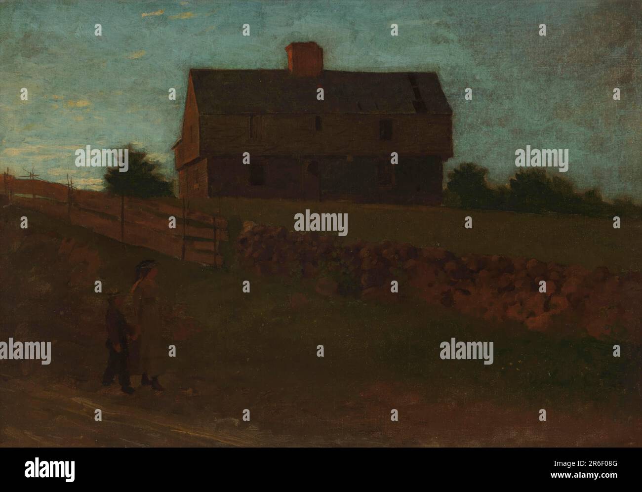 Horizontal view of a dominant blocky frame house with a large brick ...