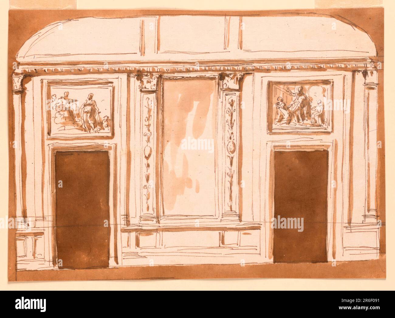 Entrance wall of a salon. Pen and brown ink, brush and brown wash on ...