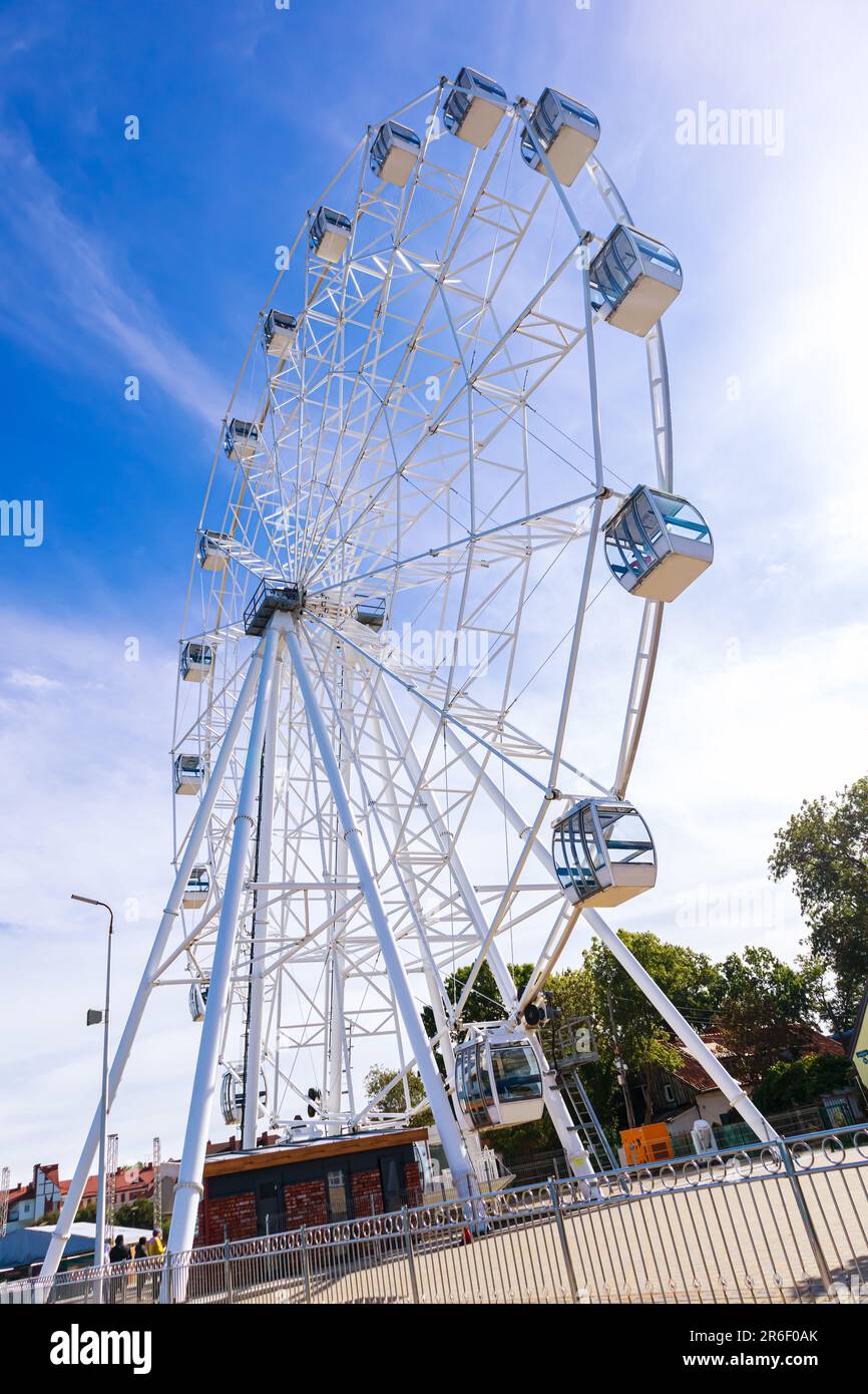Ferris wheel in an amusement park. Bottom view. Kaliningrad region ...