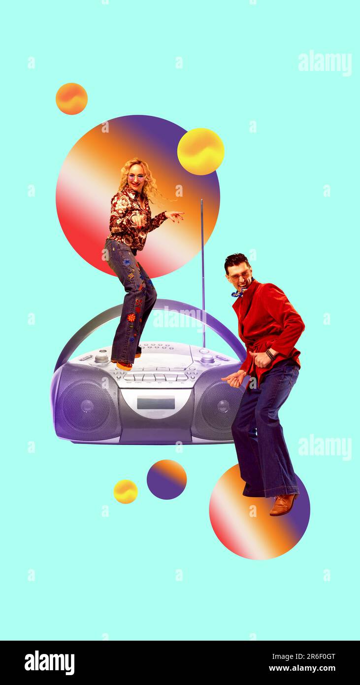 Stylish young couple, man and woman at party, dancing, listening to ...