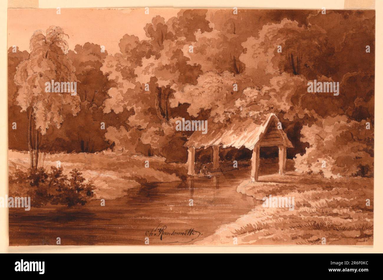 A clearing is shown, and a ditch covered partly by a roof. A woman ...