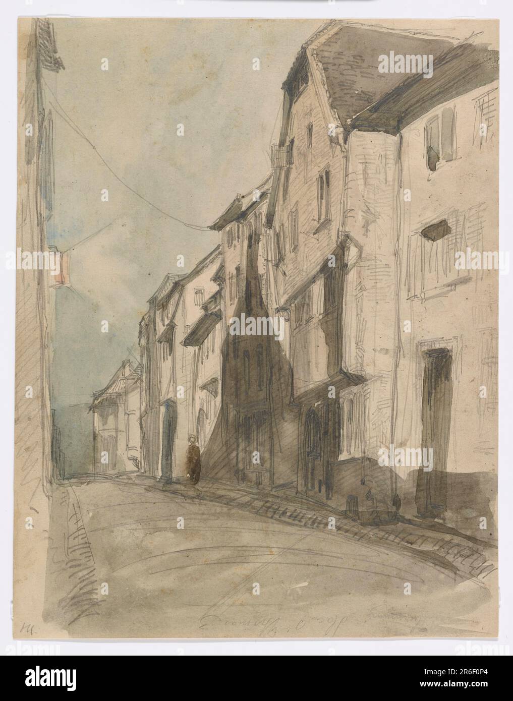 View of a small town block, a figure in the distance walking away. Date ...