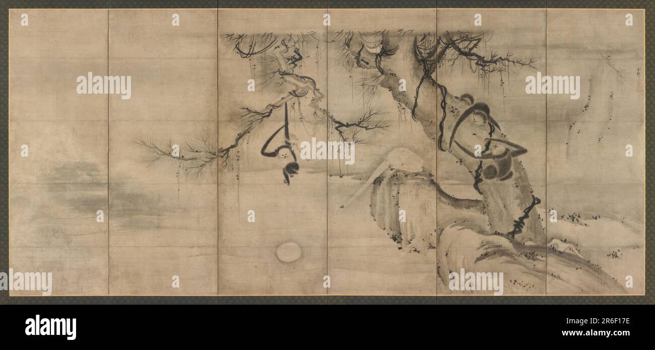 Monkeys and trees on a river bank. ink on paper. Origin: Japan. Date ...