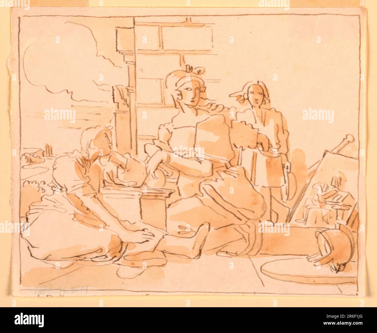 Sketch, Three Figures in Architectural Setting with Helmet and Shield ...