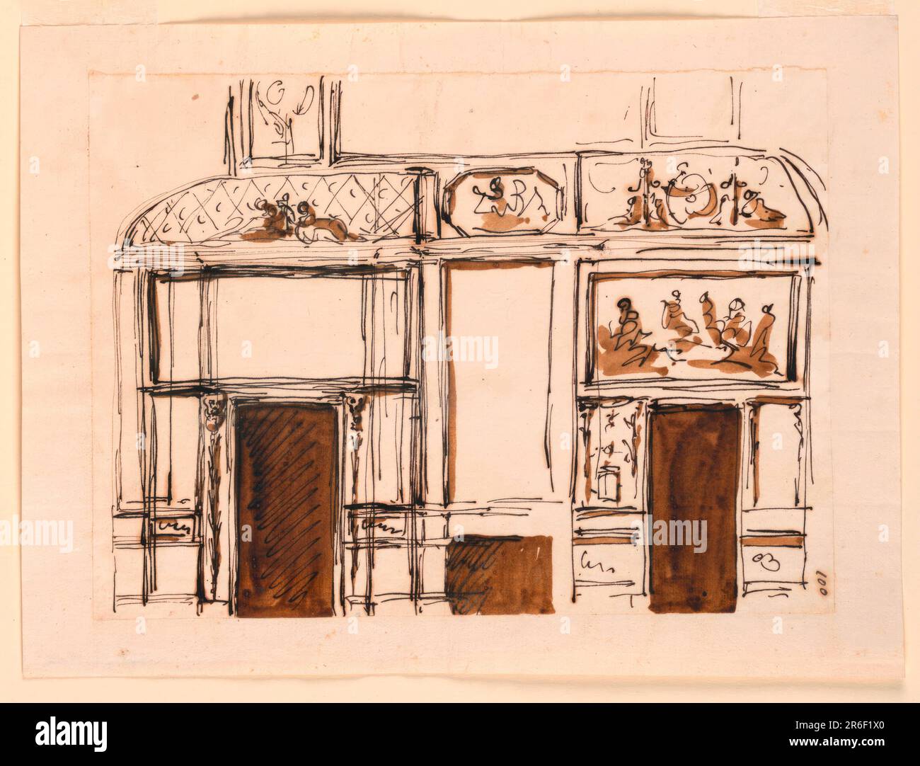 Elevations of a wall, ceiling, mantelpiece. Pen and brown ink, brush ...
