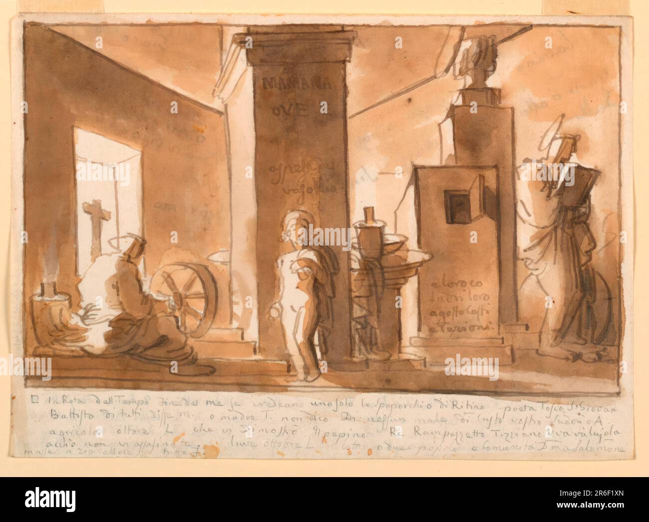 Interior Scene with Figure with a Wheel, Draped Figure, and Reading ...