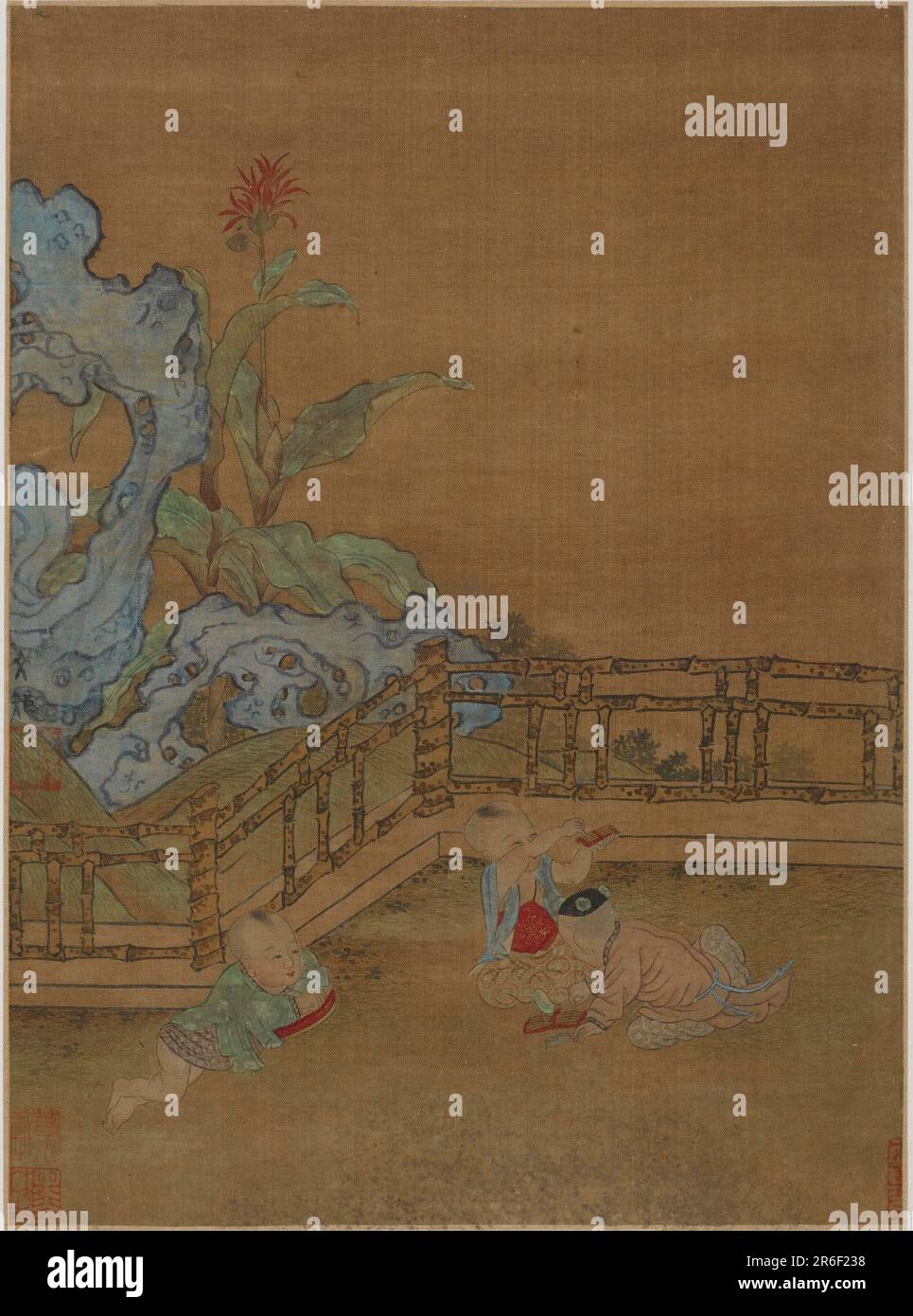 Three children playing on a garden terrace. Origin: China. Date: 1368 ...