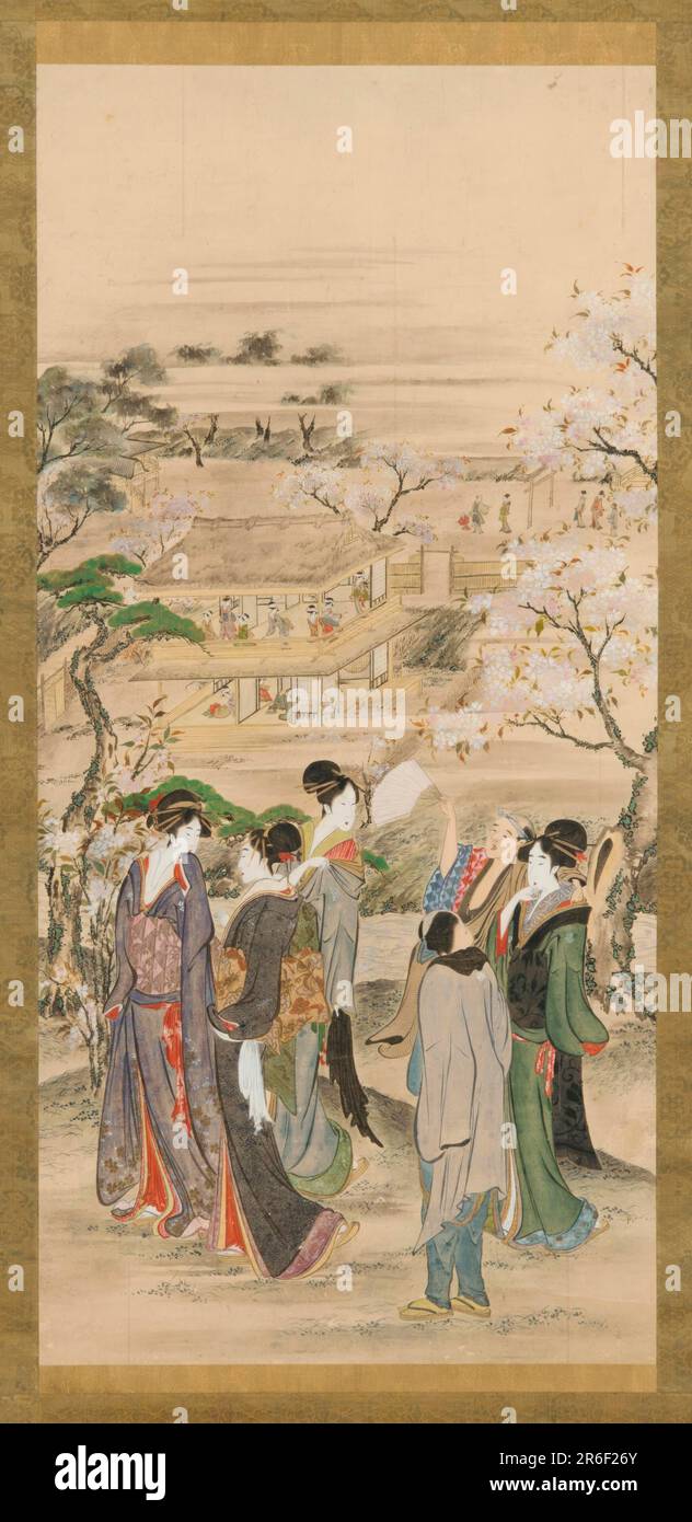 Landscape: parties of men and women looking at cherry blossoms. Origin ...