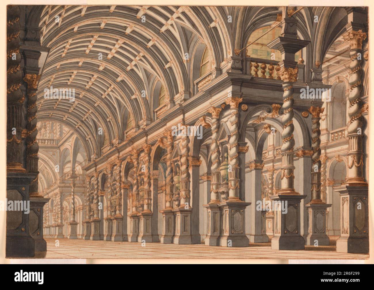 View inside long hall seen over an angle from right to left, decorated ...