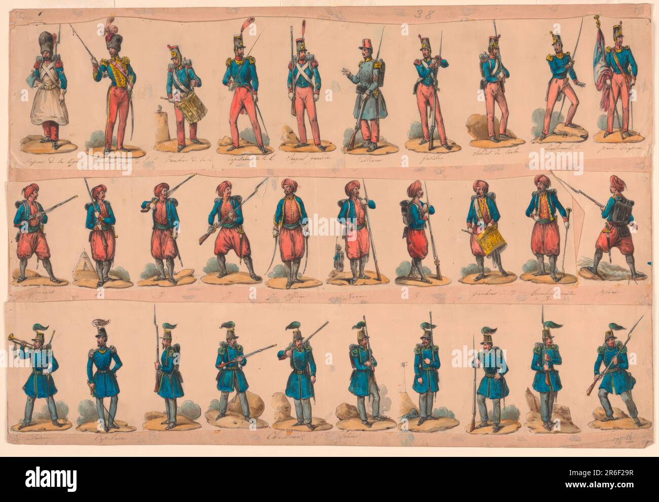 A: Strip of ten standing soldiers with their types shown below; B: strip of nine Zouaves; C: a ...