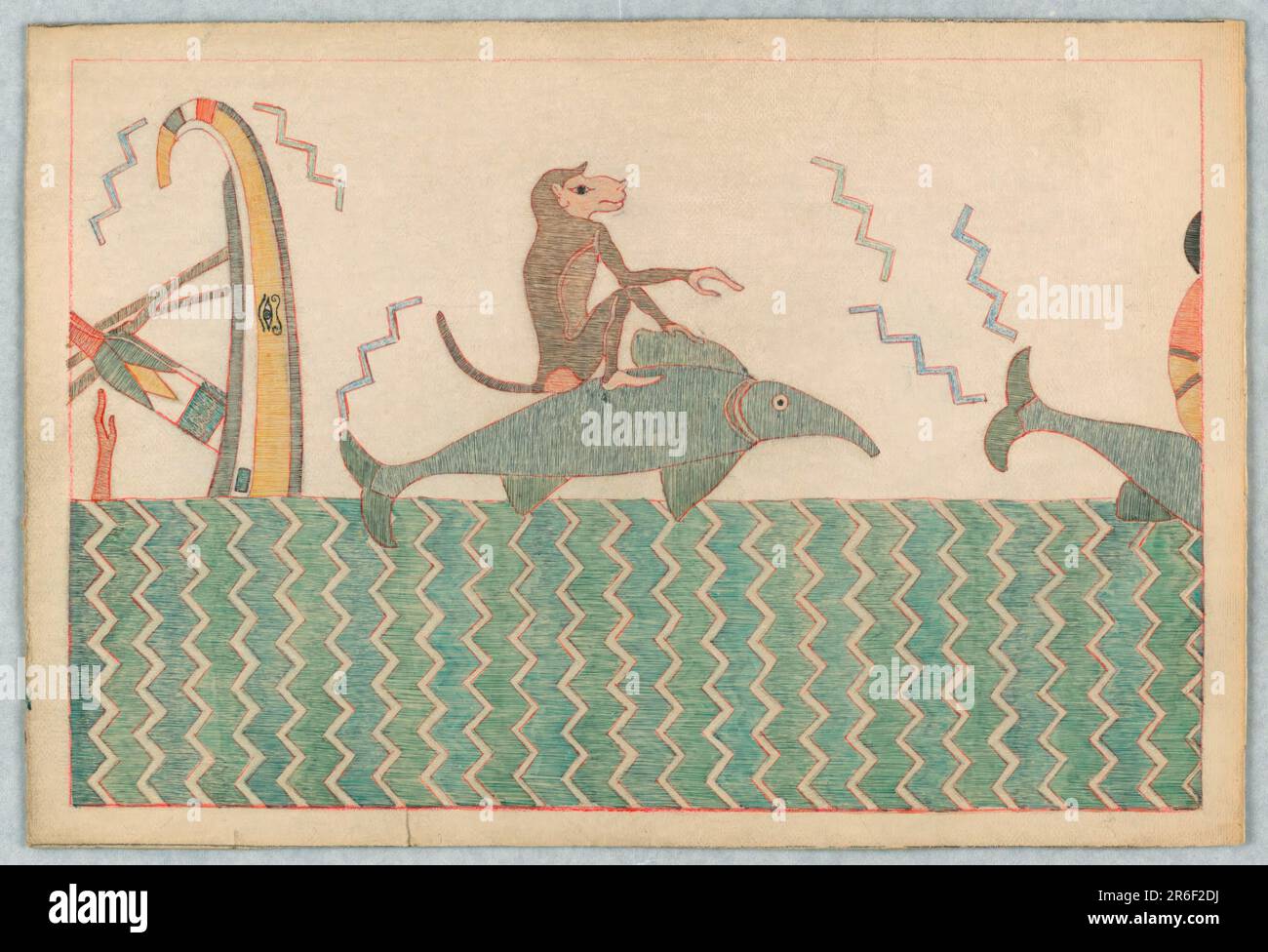 Monkey seated on a dolphin over water, center. Both in right profile ...