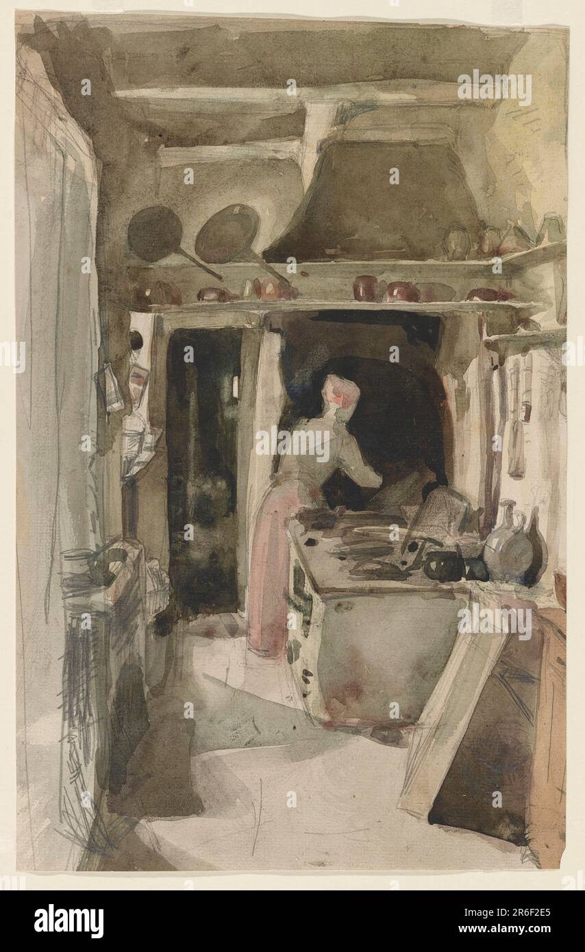 Kitchen interior with female figure standing just beyond the stove, a ...