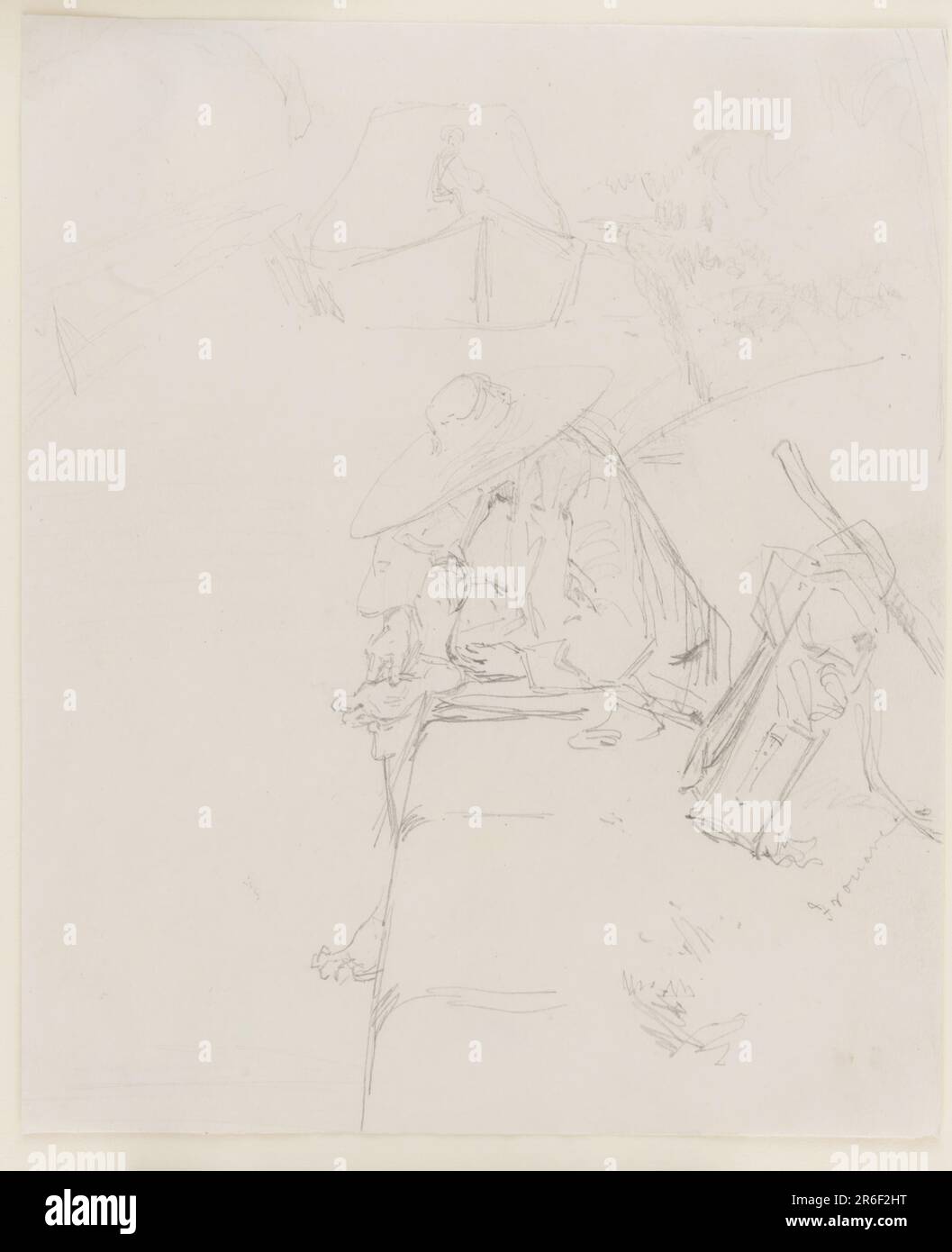 A man seated on the edge of a wall. Date: 1858. Pencil on white paper ...
