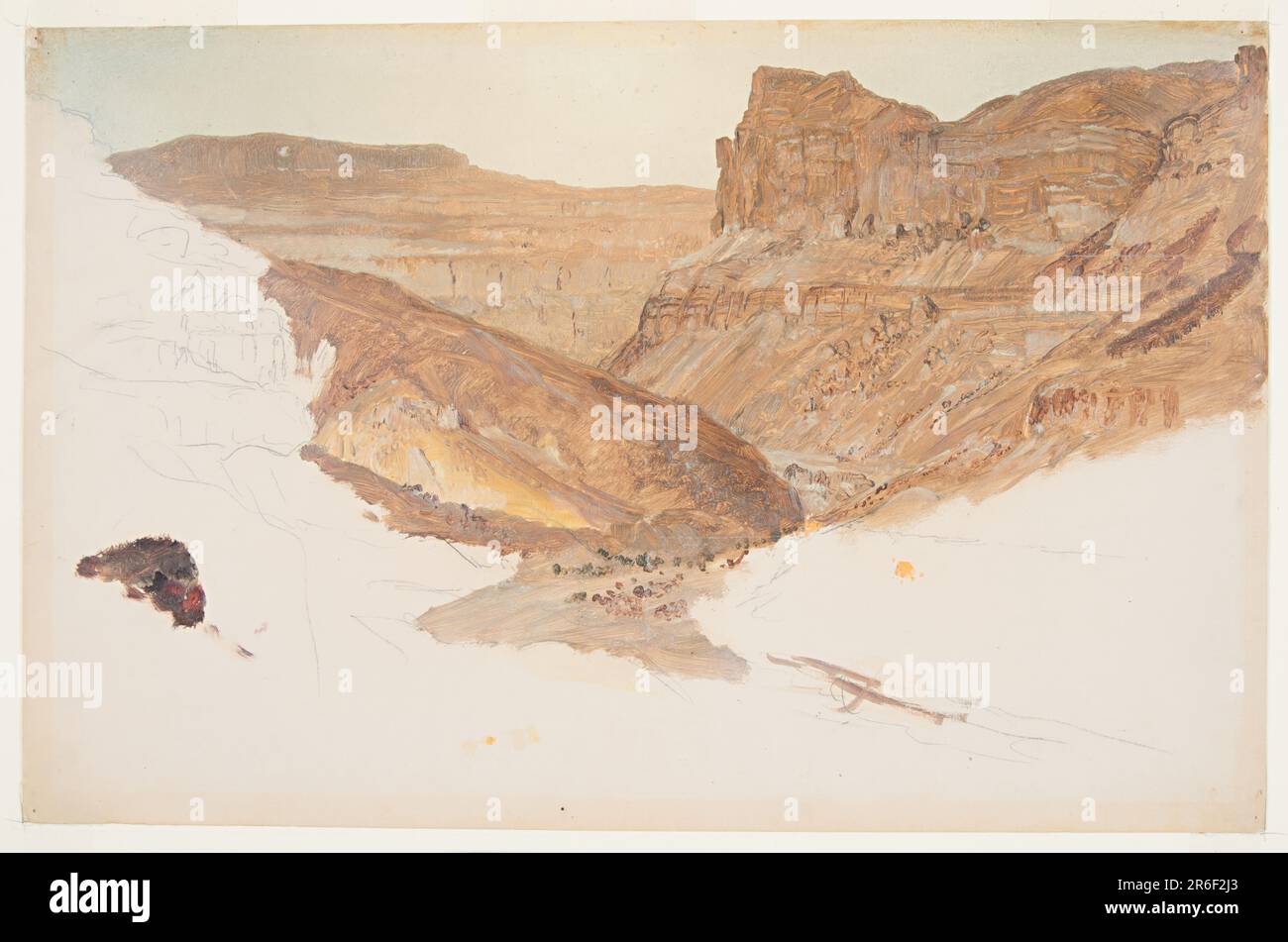 Unfinished sketch of sloping arid, rocky country. Color patches. Date ...