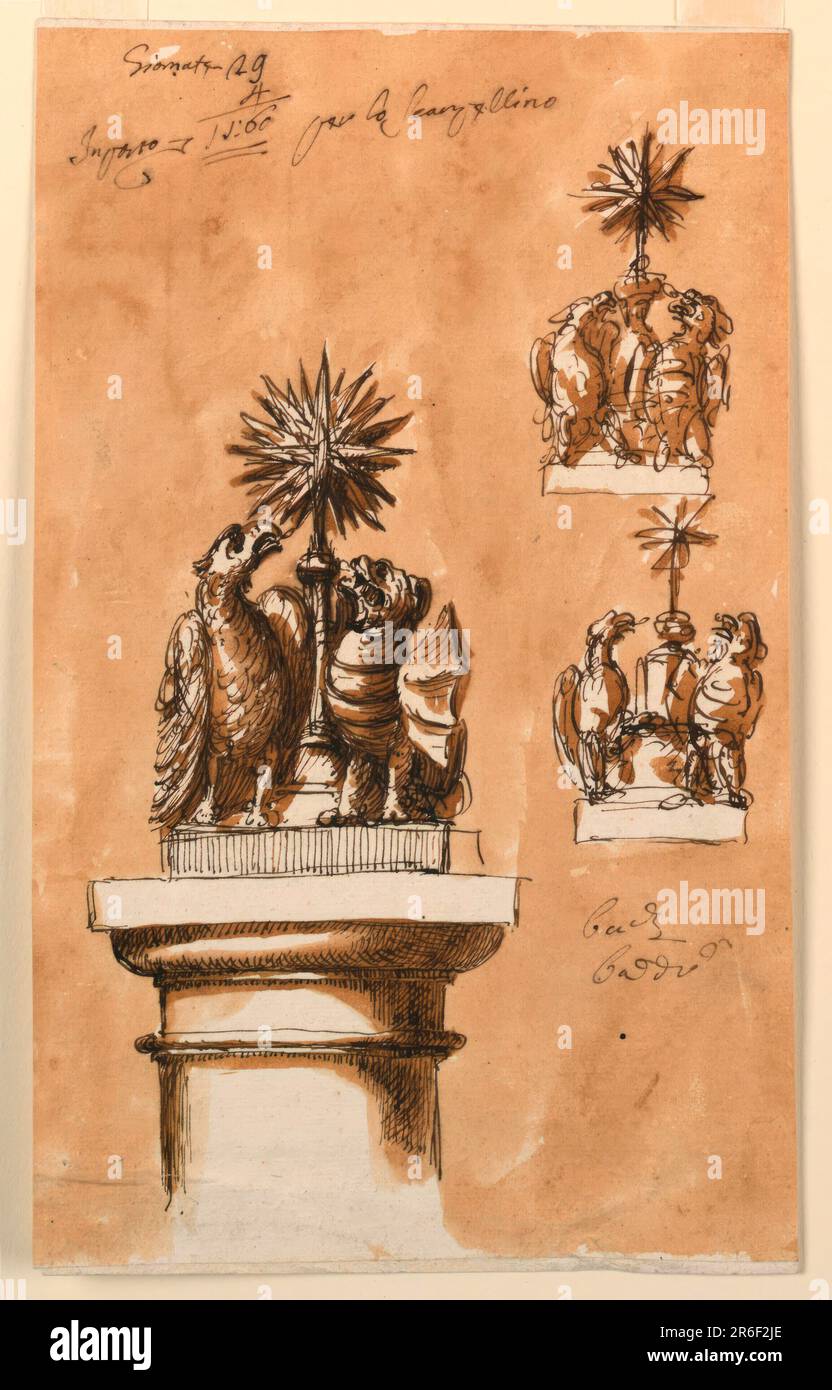 An eagle, at left, a dragon, at right, flank the support of a star in a ...