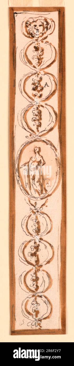 In the top center is a female mask from which two entwined ribbons ...