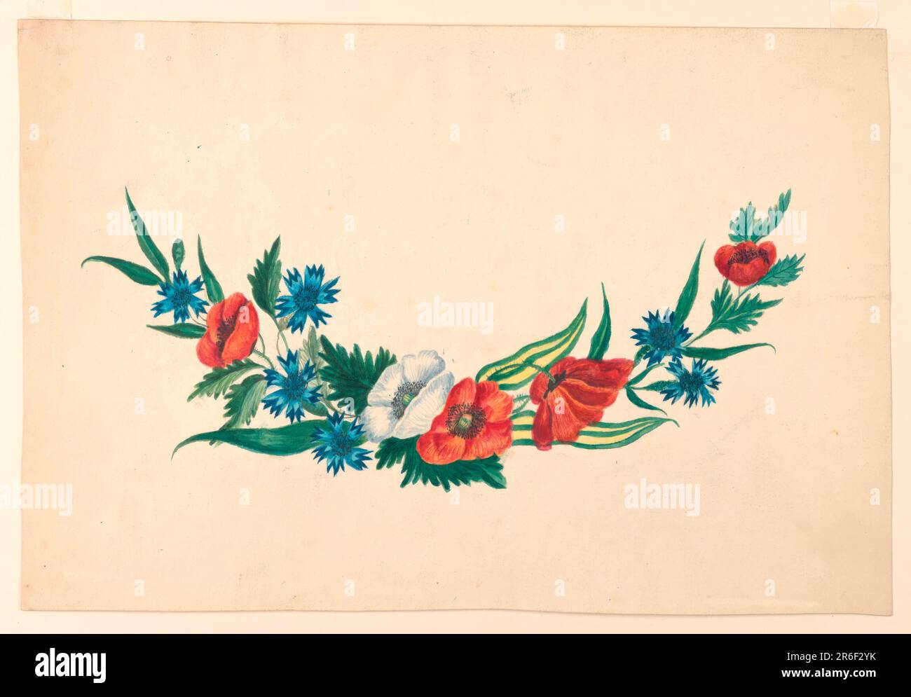 Segment of a wreath of poppies and blue cornflowers. Brush and ...