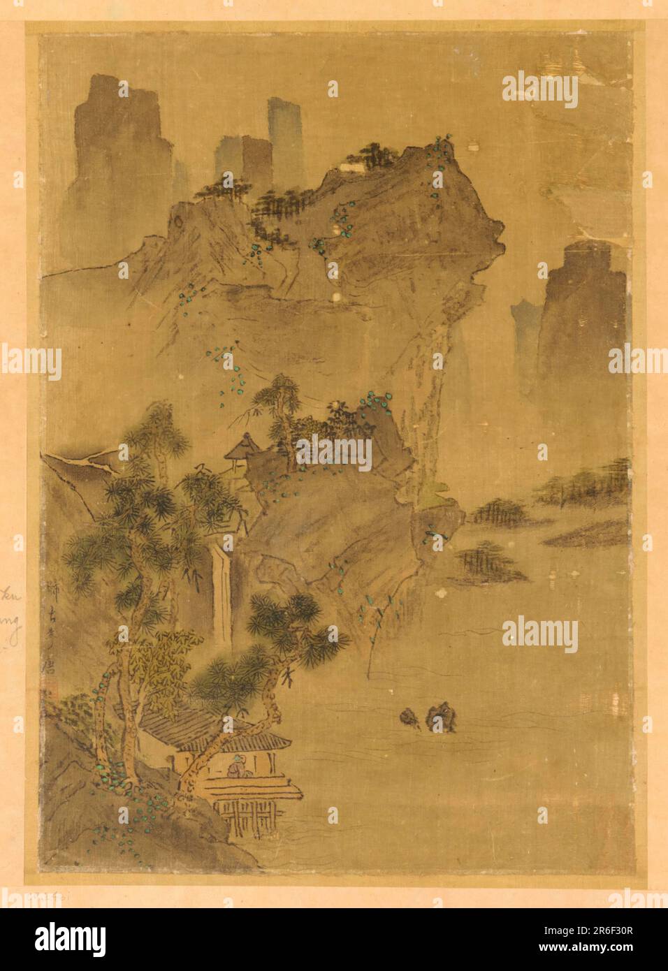 Landscape: cliffs overhanging water - pavilion and pines. Origin: China ...