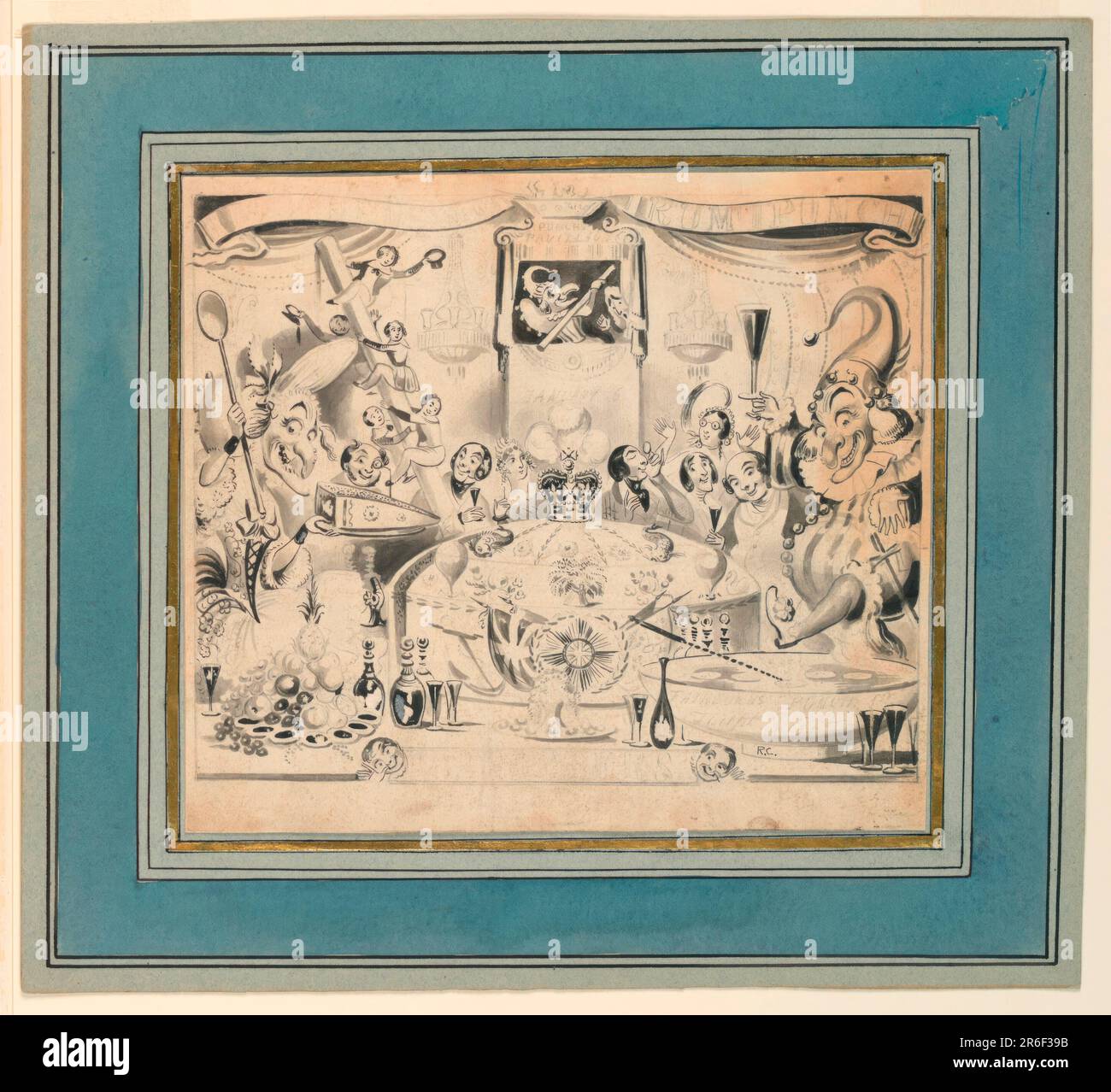 Interior with figures. A large ecake in center. Punch bowl at lower ...