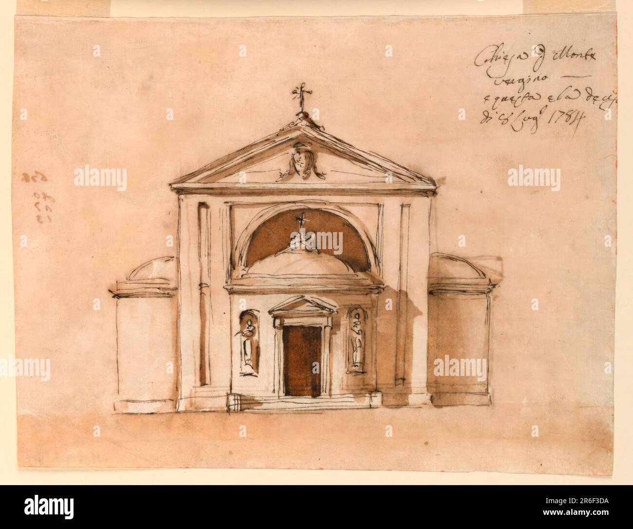 Steps lead to the door in an apse which is flanked by statues in niches ...