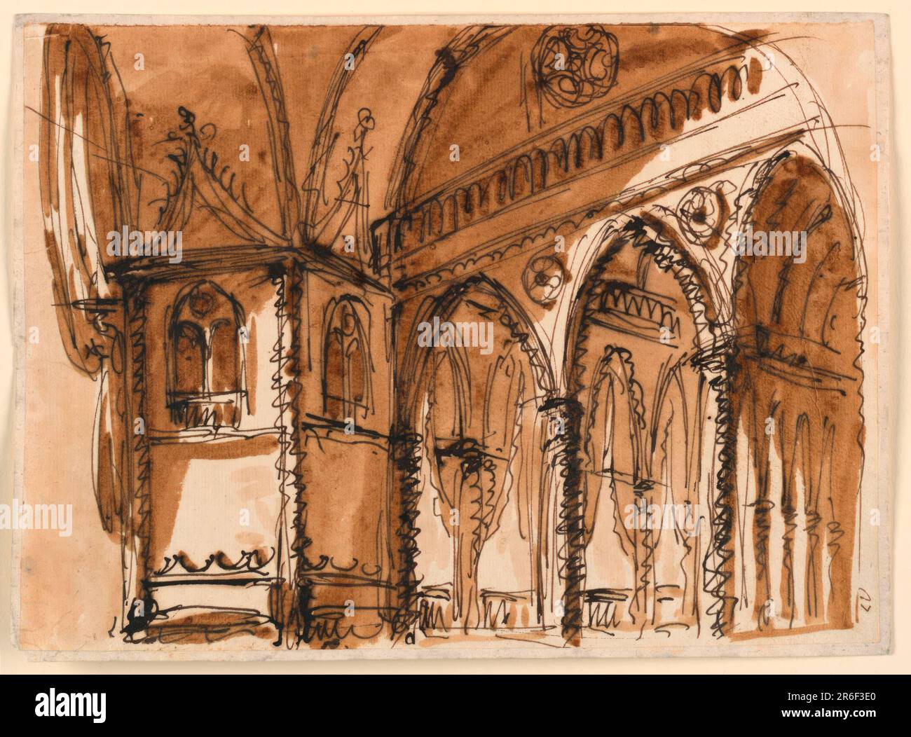 Interior of Gothic building. View opening into hall through Gothic ...