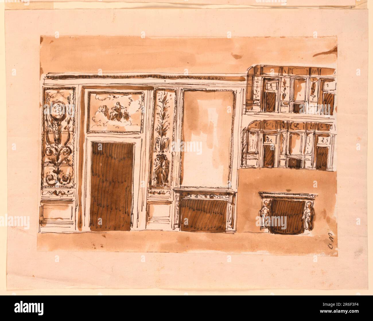 Wall elevation. Pen and brown ink, brush and brown wash on off-white ...