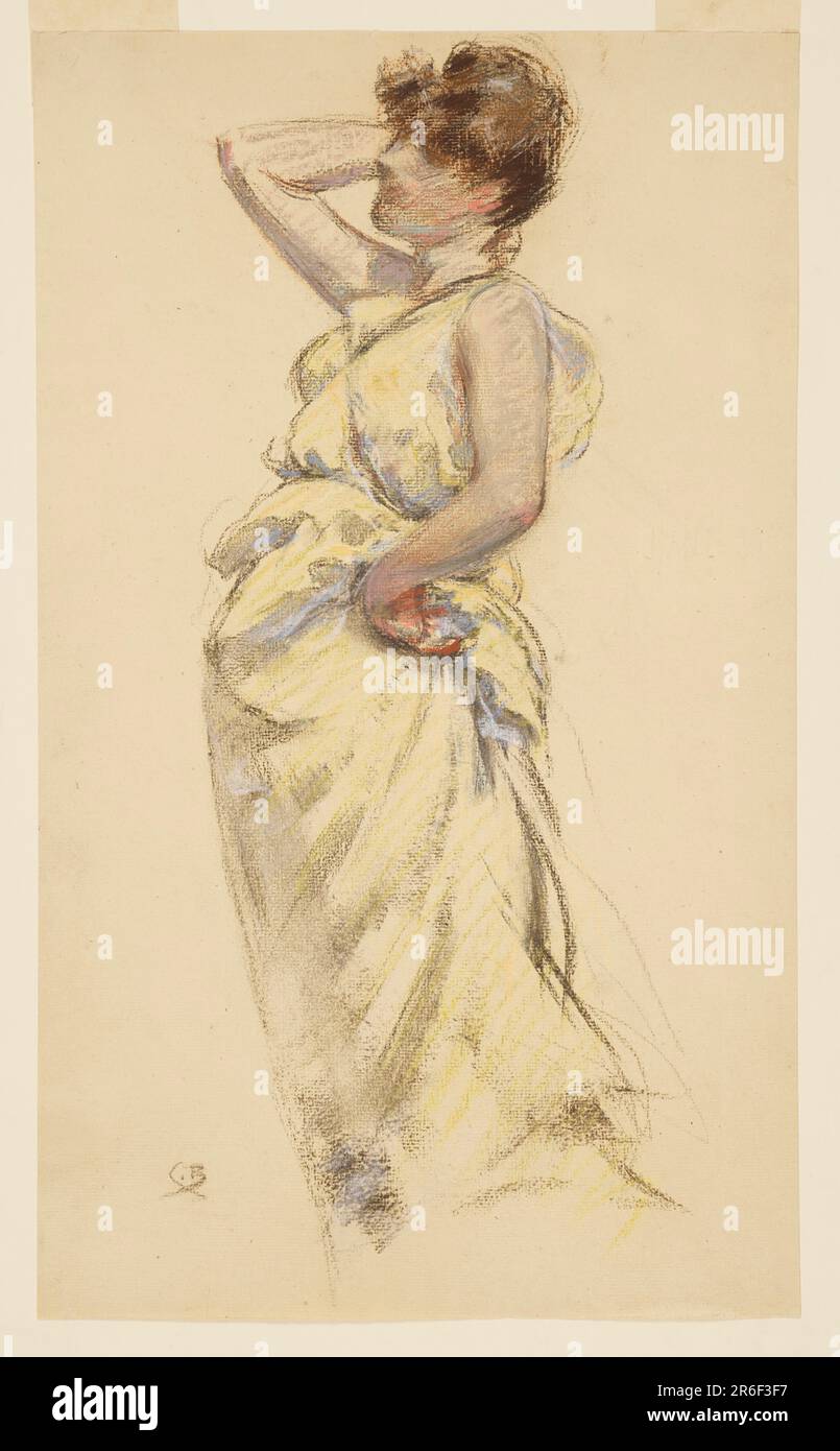 Full-length figure of a woman, facing toward the left, and wearing a ...