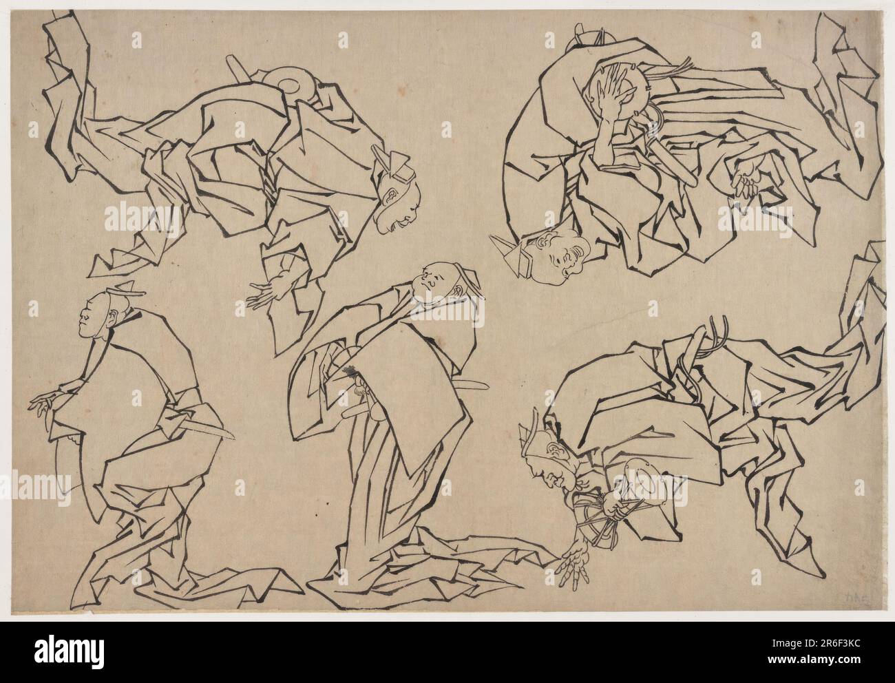 Five musicians playing drums. ink on paper. Origin: Japan. Period: Edo ...