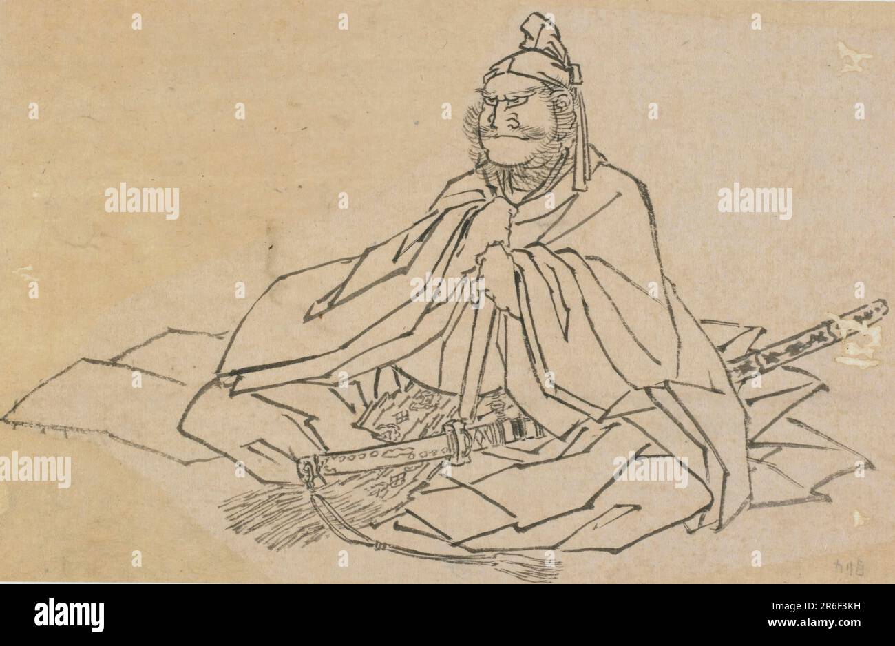 A Man sitting with large sword. ink on paper. Origin: Japan. Period ...