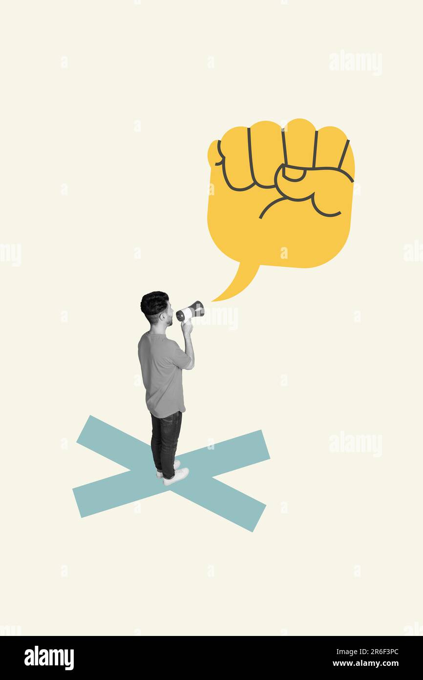 Template graphics collage image of guy screaming loud speaker fist ...