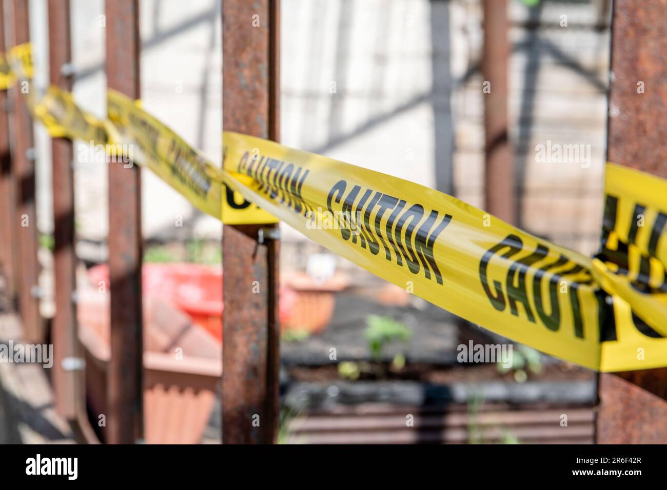 Warning tape. Metal constructions. Hazard, construction or waste Stock ...