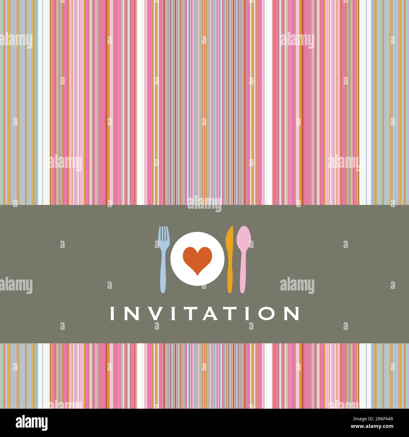 Dinner invitation with spoon, fork, knife and dinnerplate, striped ...