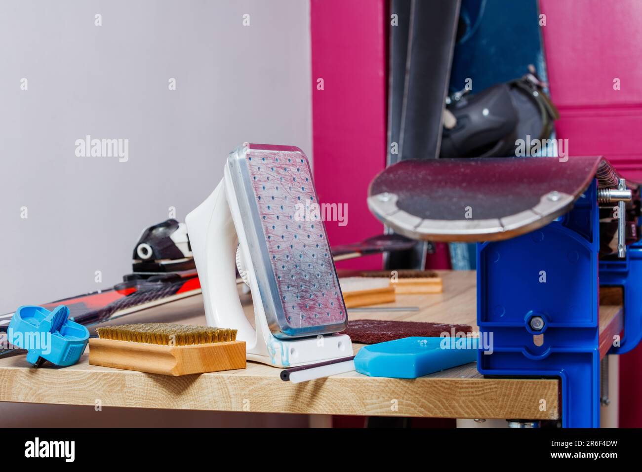 Set for ski equipment maintenance on workbench with skis vices Stock ...