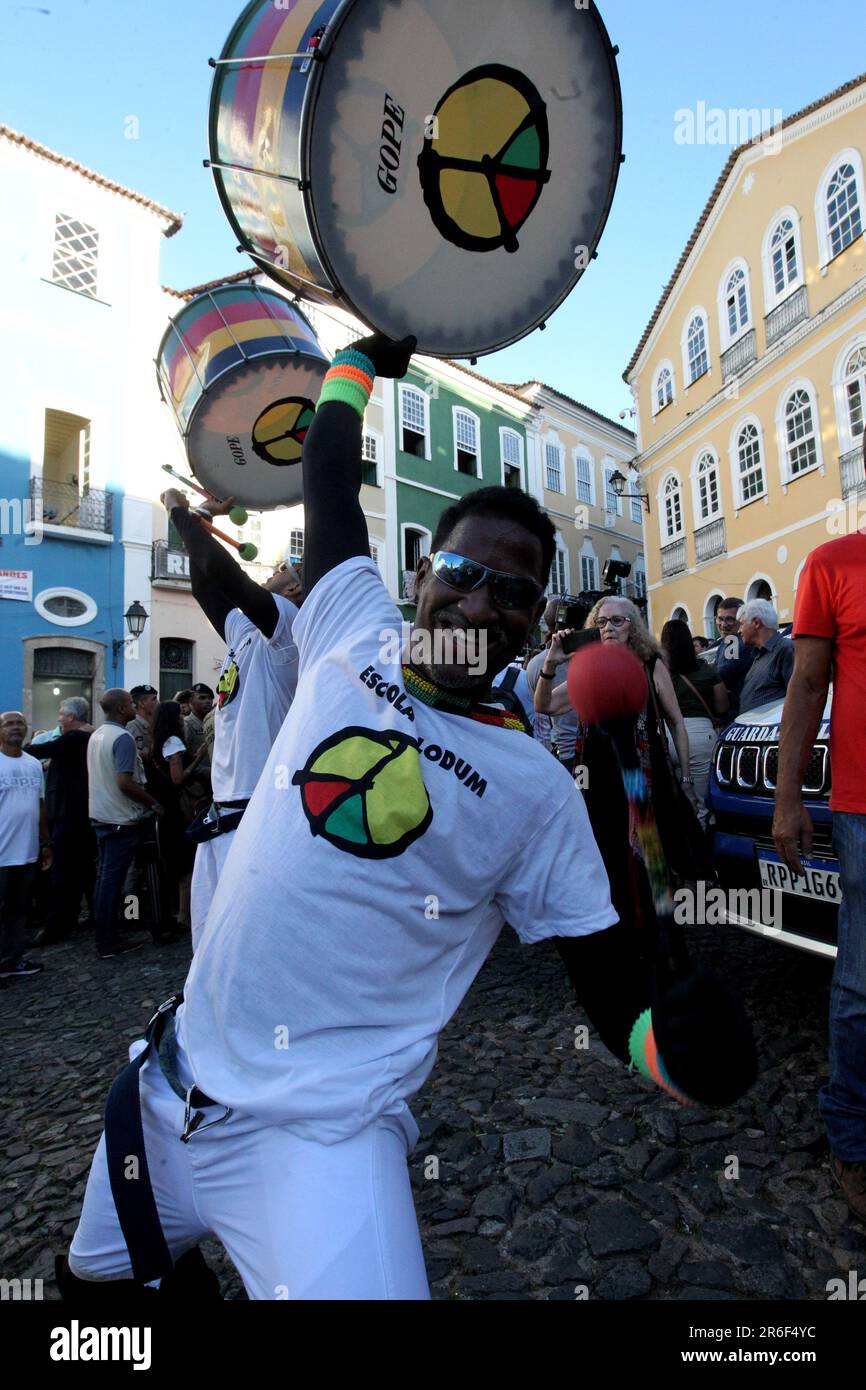 salvador, bahia, brazil - may 29, 2023: members of the band Olodum ...
