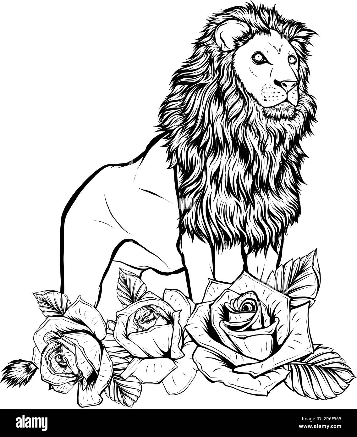 vector illustration of monochrome lion with rose on white background ...