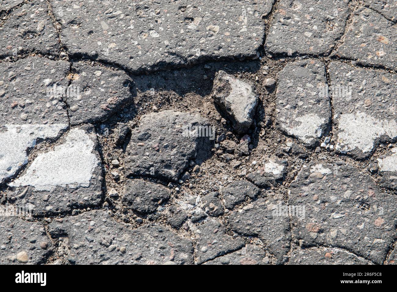 Damaged and potholed asphalt pavement. Danger and traffic safety Stock ...