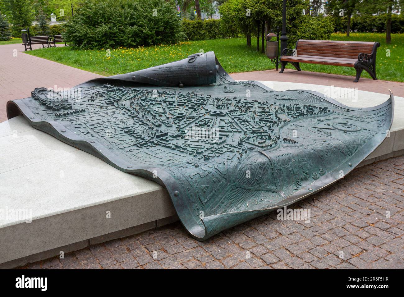 YAROSLAVL, RUSSIA, - June 1, 2022: Bronze map of the city of Yaroslavl ...