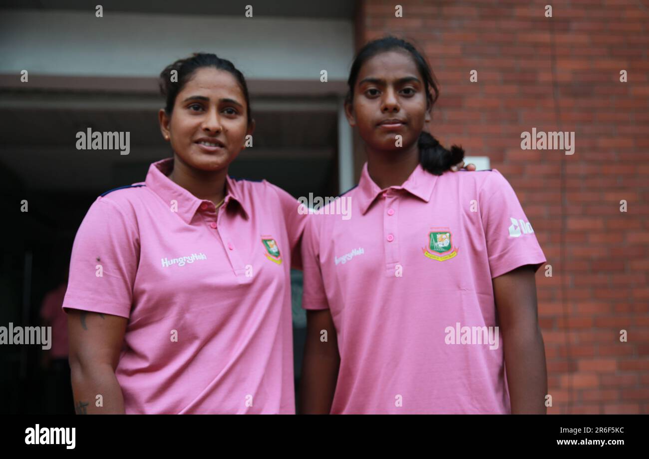 The Bangladesh Emerging Women’s Team captain Lata Mondal (L) and fast bowler Marufa Akter posses ...